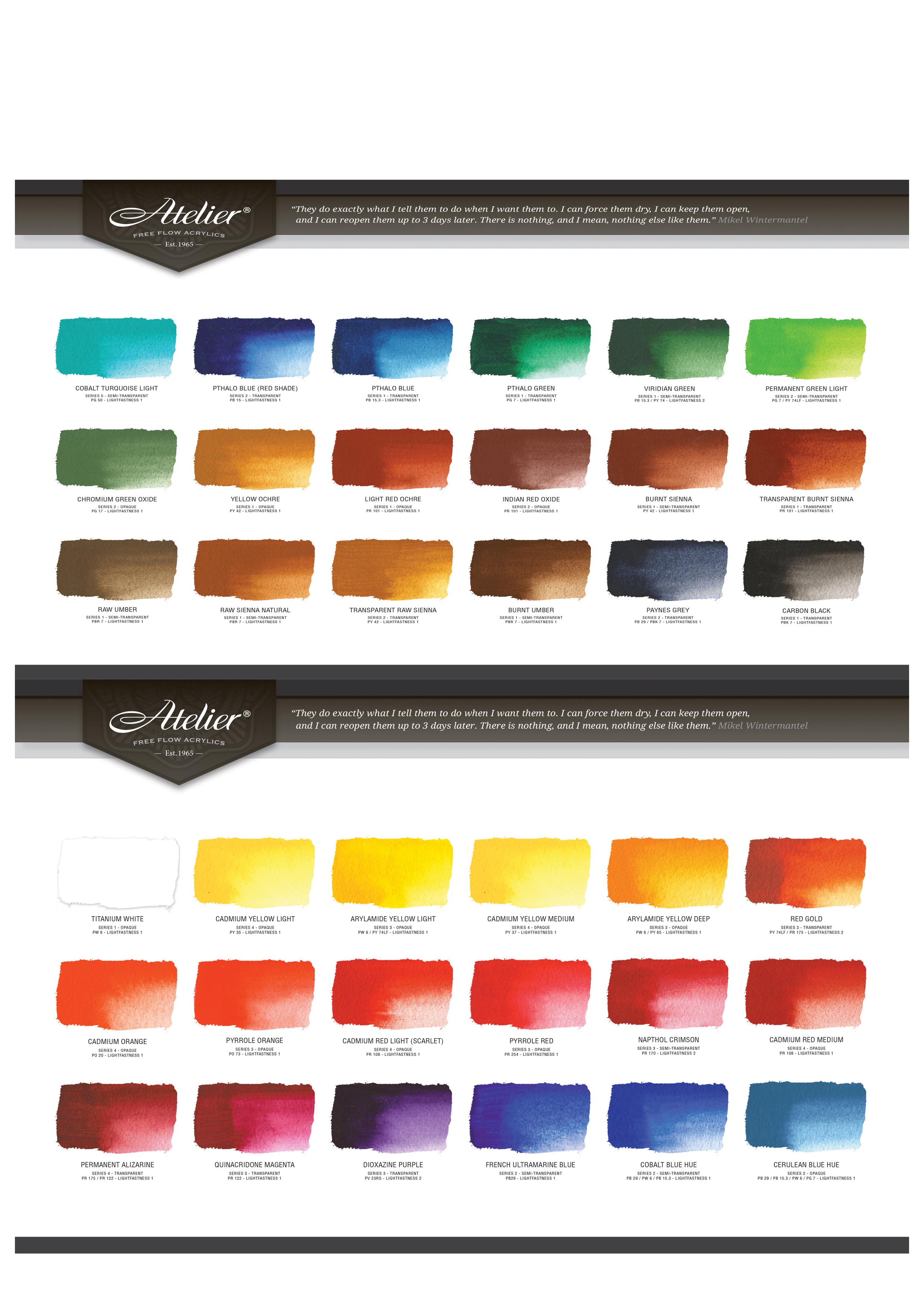 Colour Chart for Atelier Free Flow Acrylic